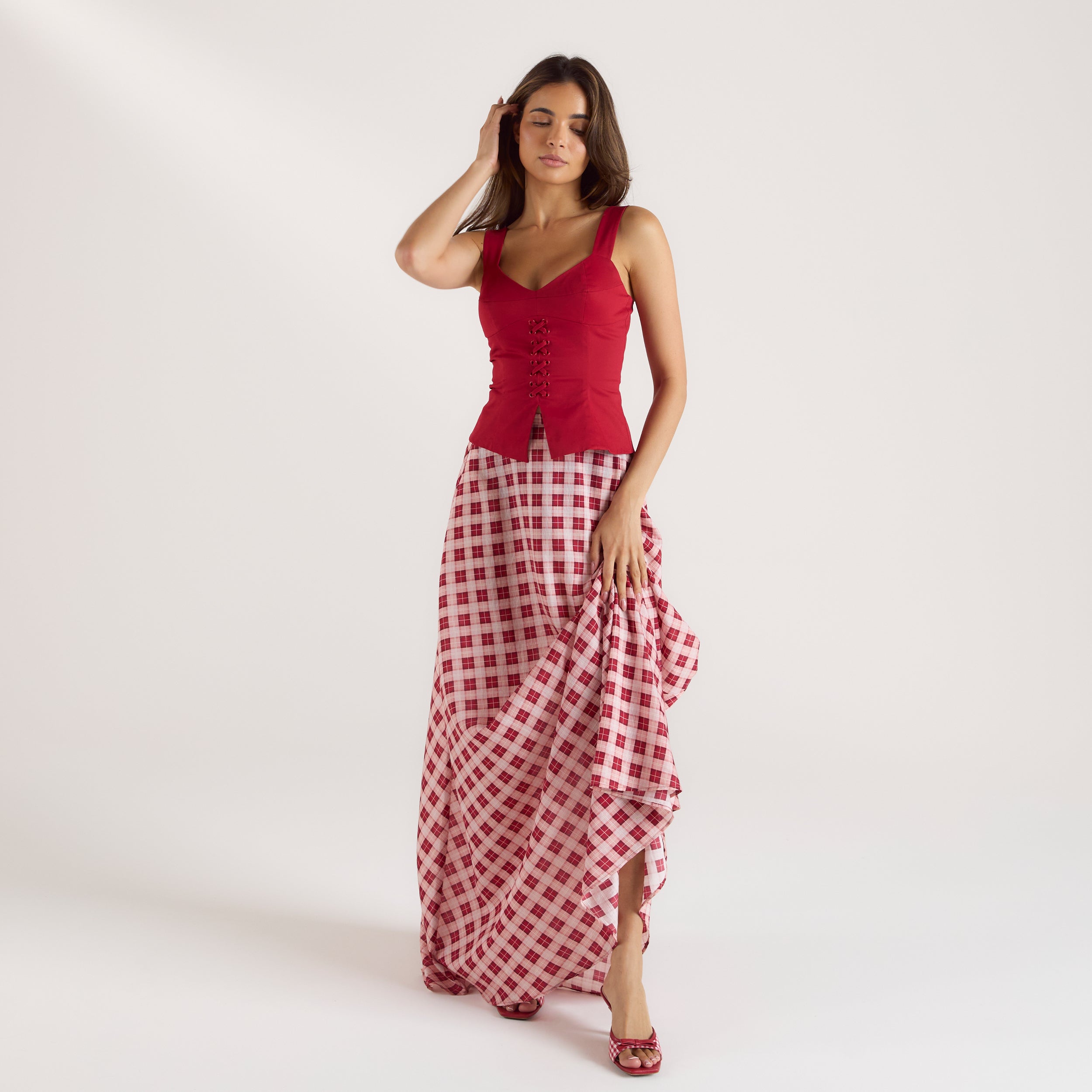 Sheer Maxi Rok - Geruit Rood